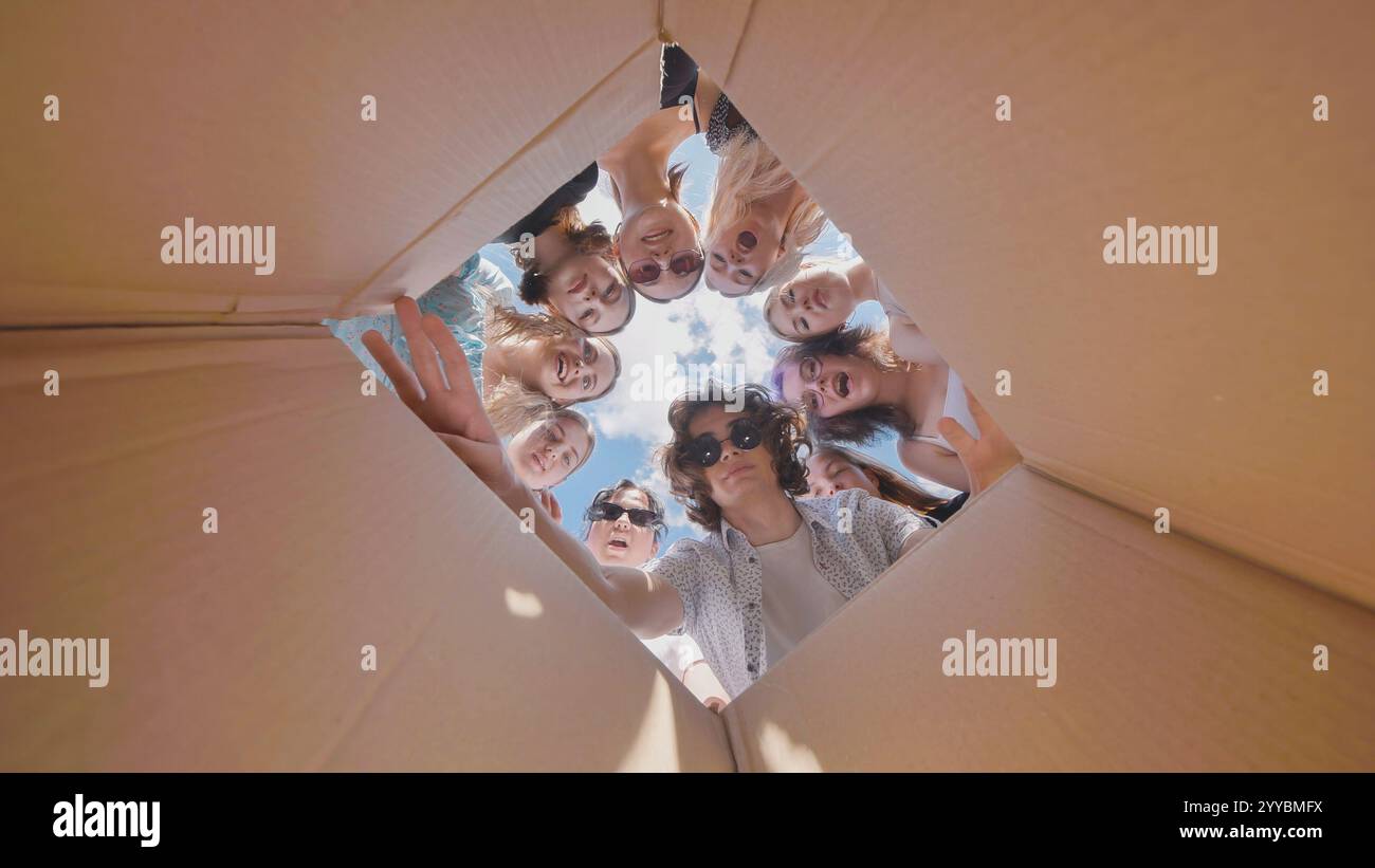 School friends open the box and are surprised. The view from the box ...