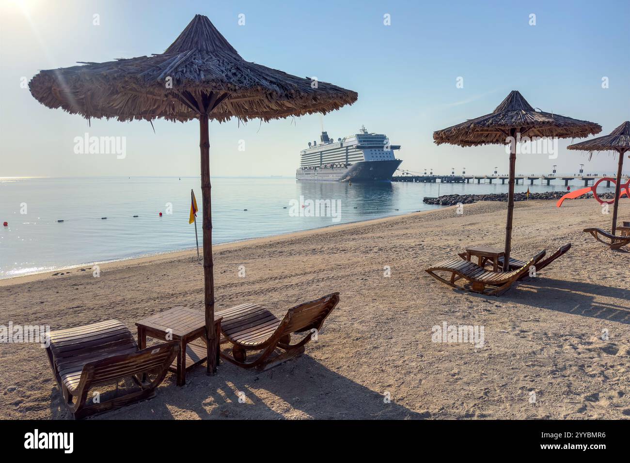 Sir Bani Yas island, United Arab Emirates with cruise ship and beach ...