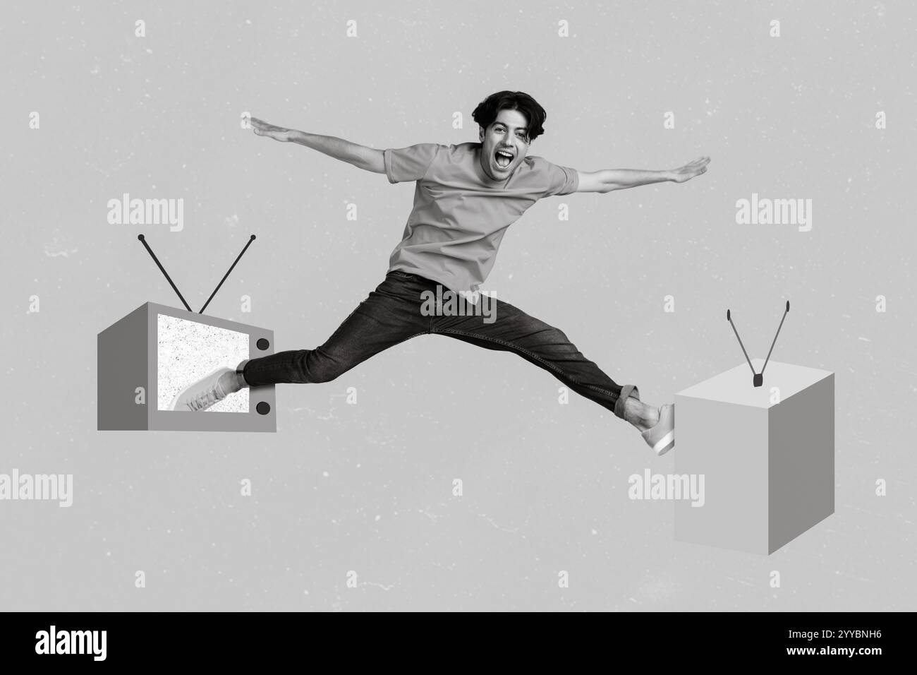 Composite collage picture of excited overjoyed guy jumping between two ...