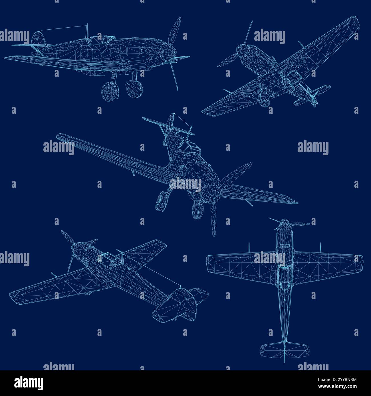 Set of wireframe of old planes on blue background. Traditional style ...
