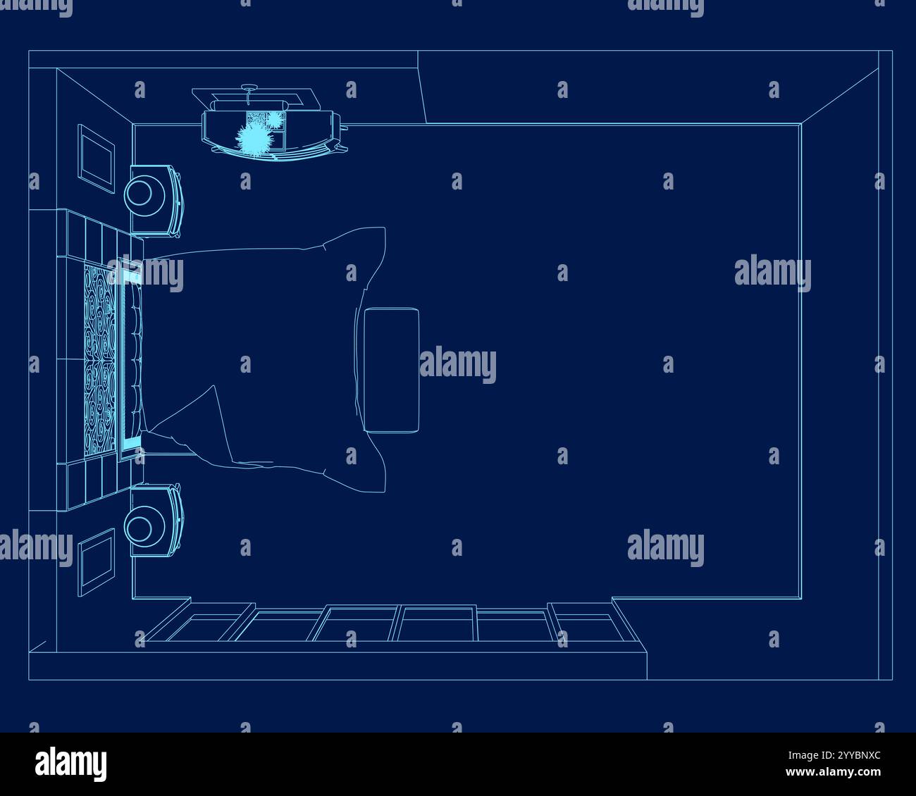 Contour drawing of double bed with pillows and table with vase and ...