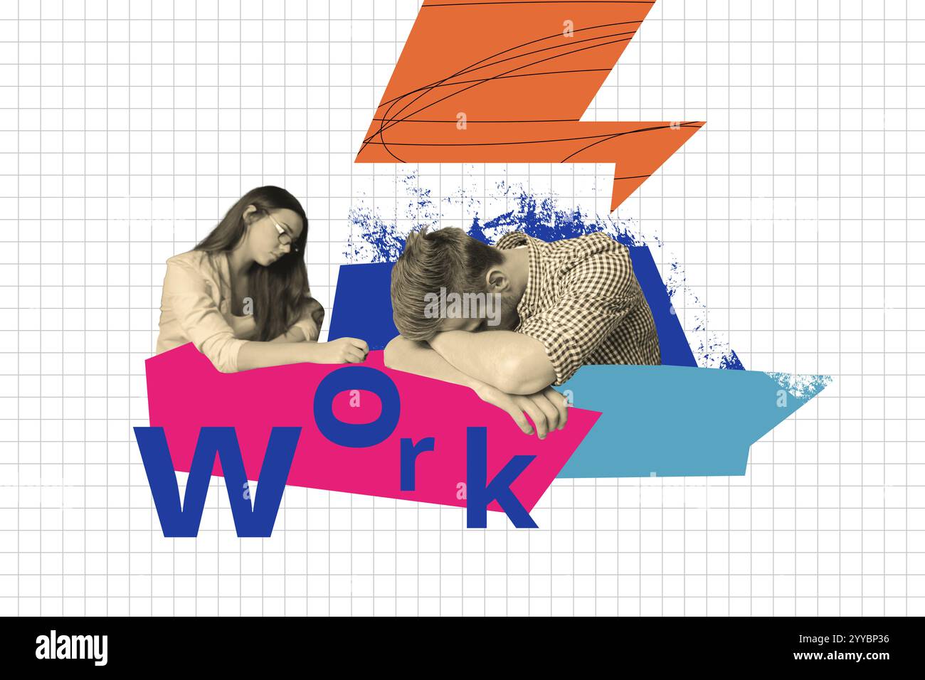 3d sketch poster trend collage image of puzzled business girl guy sit ...