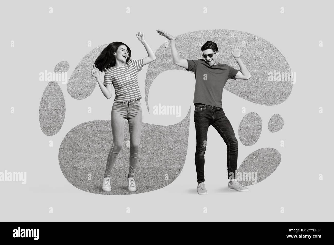 Collage illustration of two black white colors people enjoy have good ...