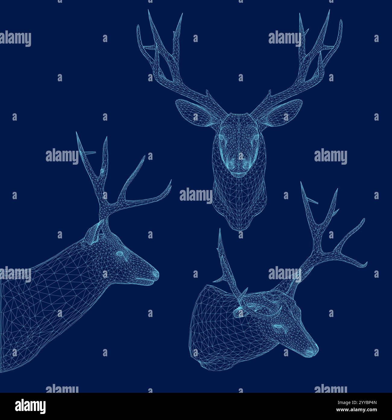 Set deer head wireframe. Vector illustration. Side, front, isometric ...