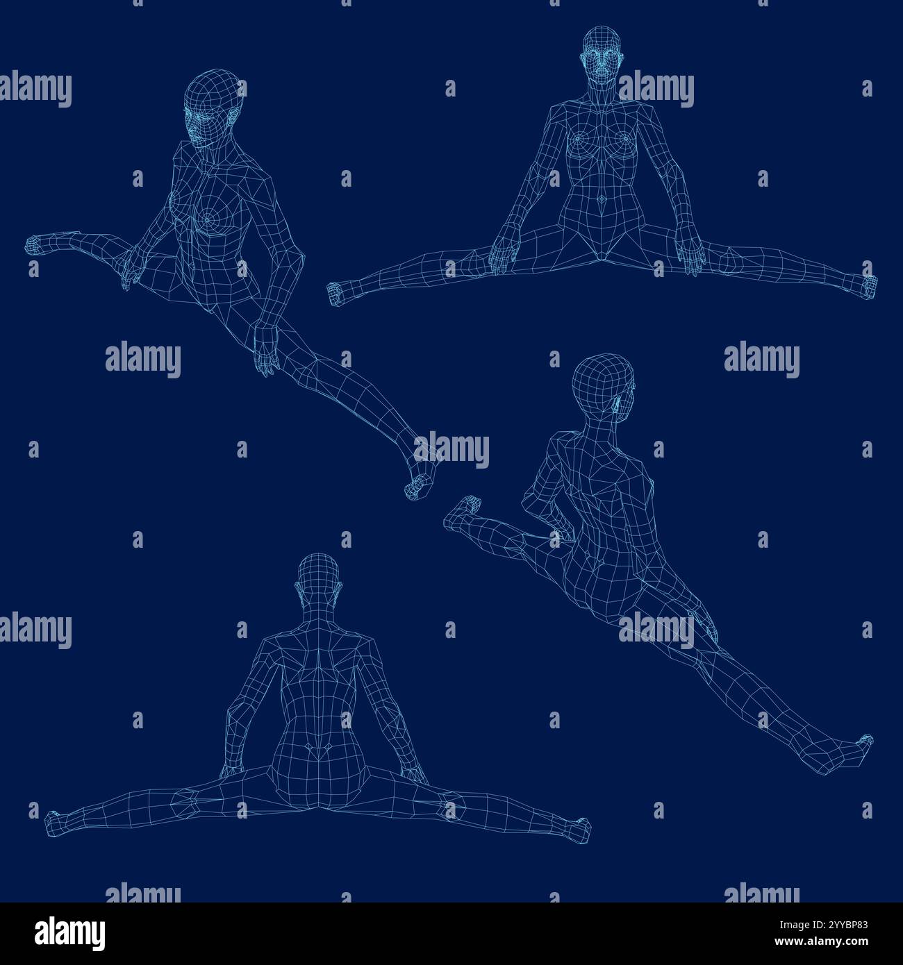 Blue wireframe of a girl sitting on a twine. Front, Back, isometric ...