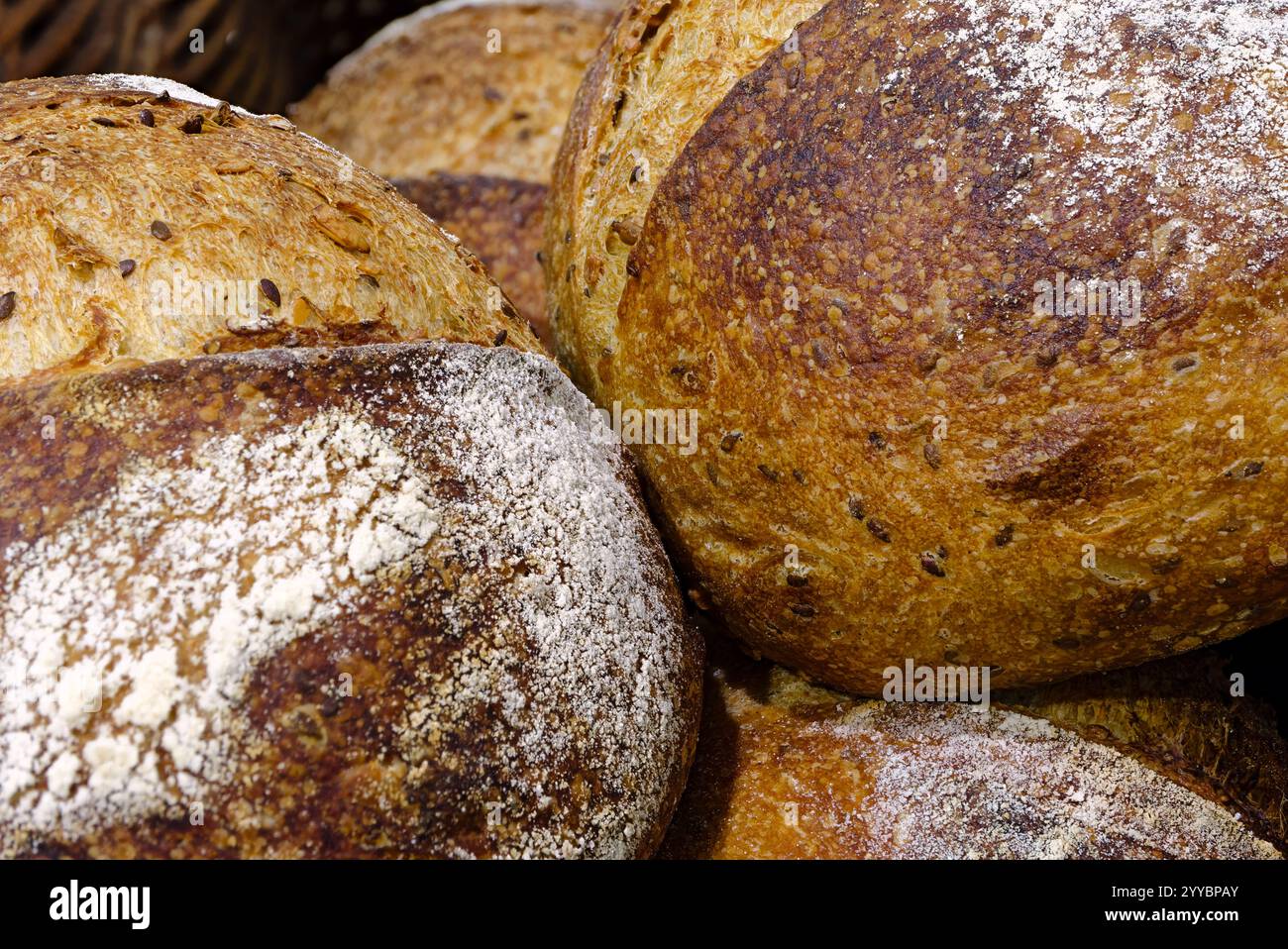 Group of traditional round loaves of dark rye bread with seeds, food ...