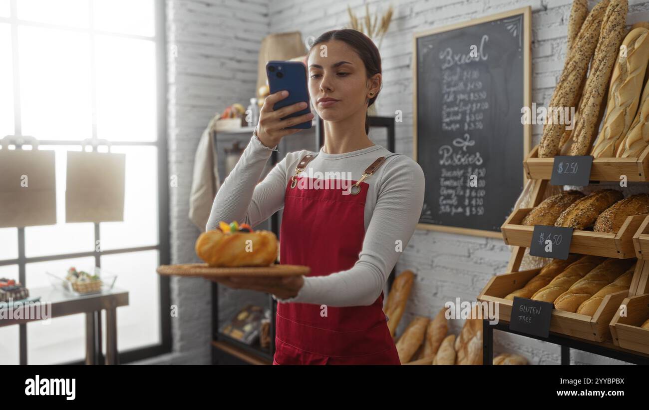 Woman taking photo of pastry with smartphone inside bakery showcasing ...