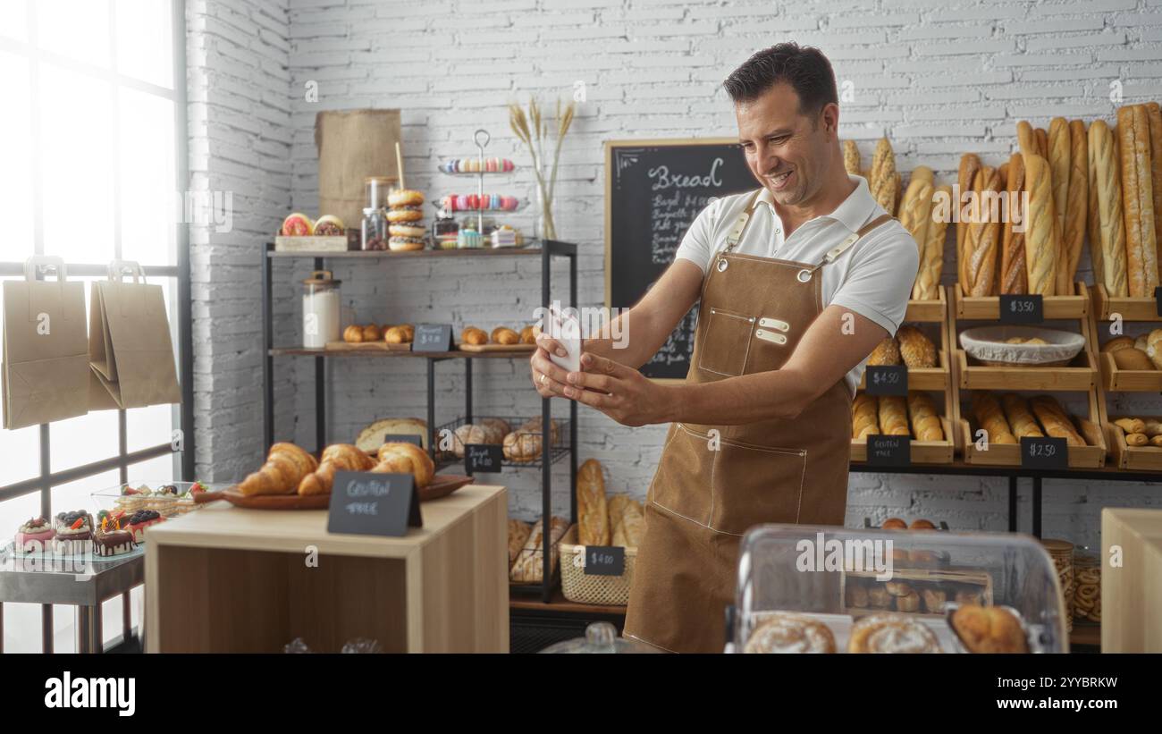 Man taking photos of croissants in a bakery, surrounded by bread and ...