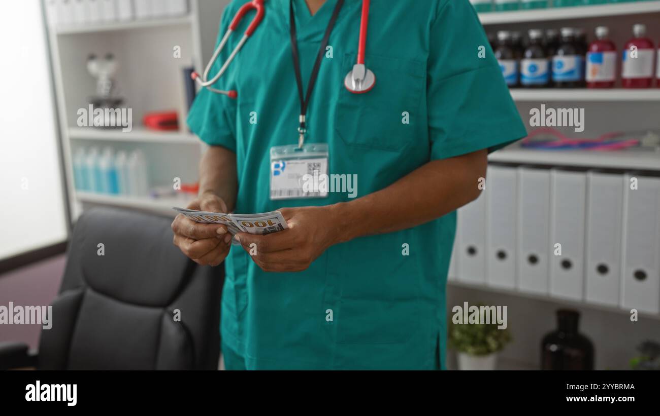 Young hispanic man counting money in a clinic room wearing scrubs and ...