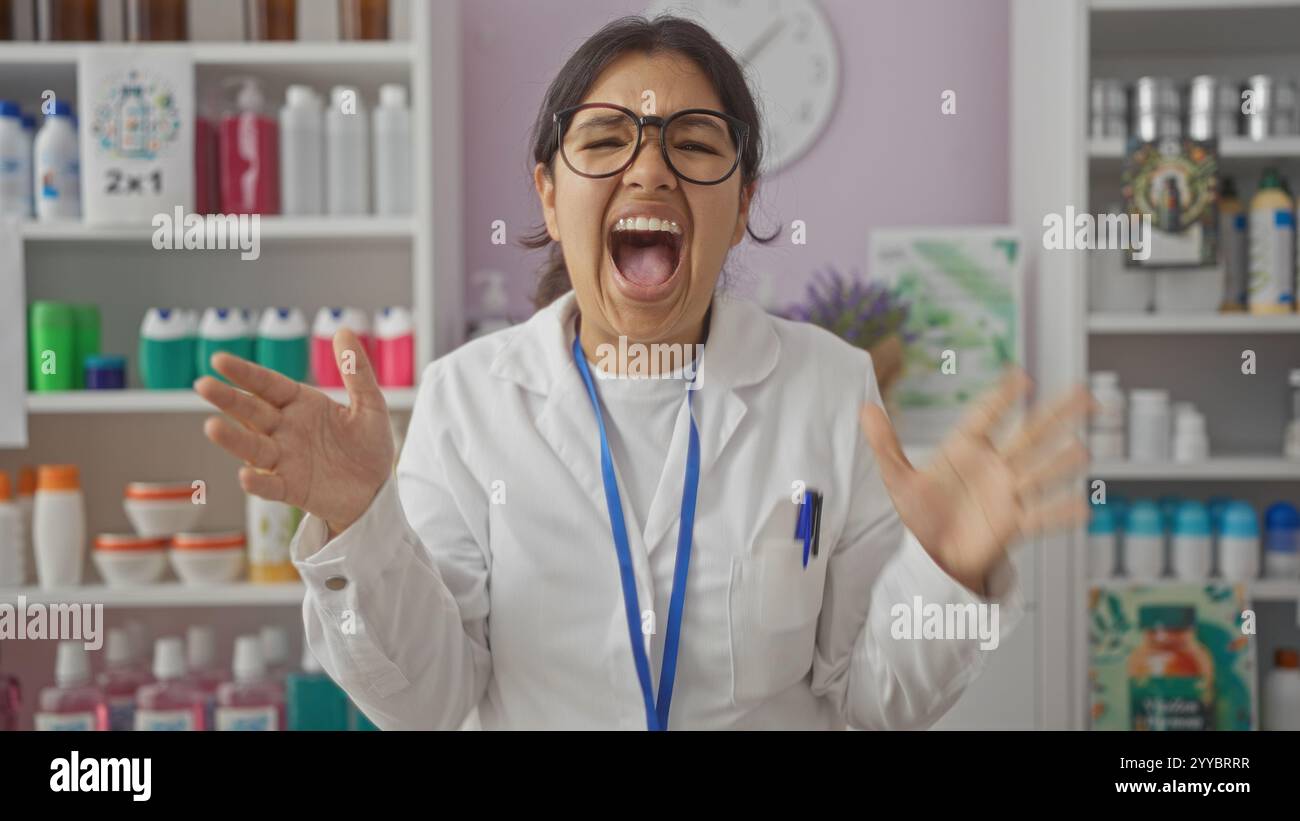 Woman yelling in a pharmacy with shelves of products in the background ...