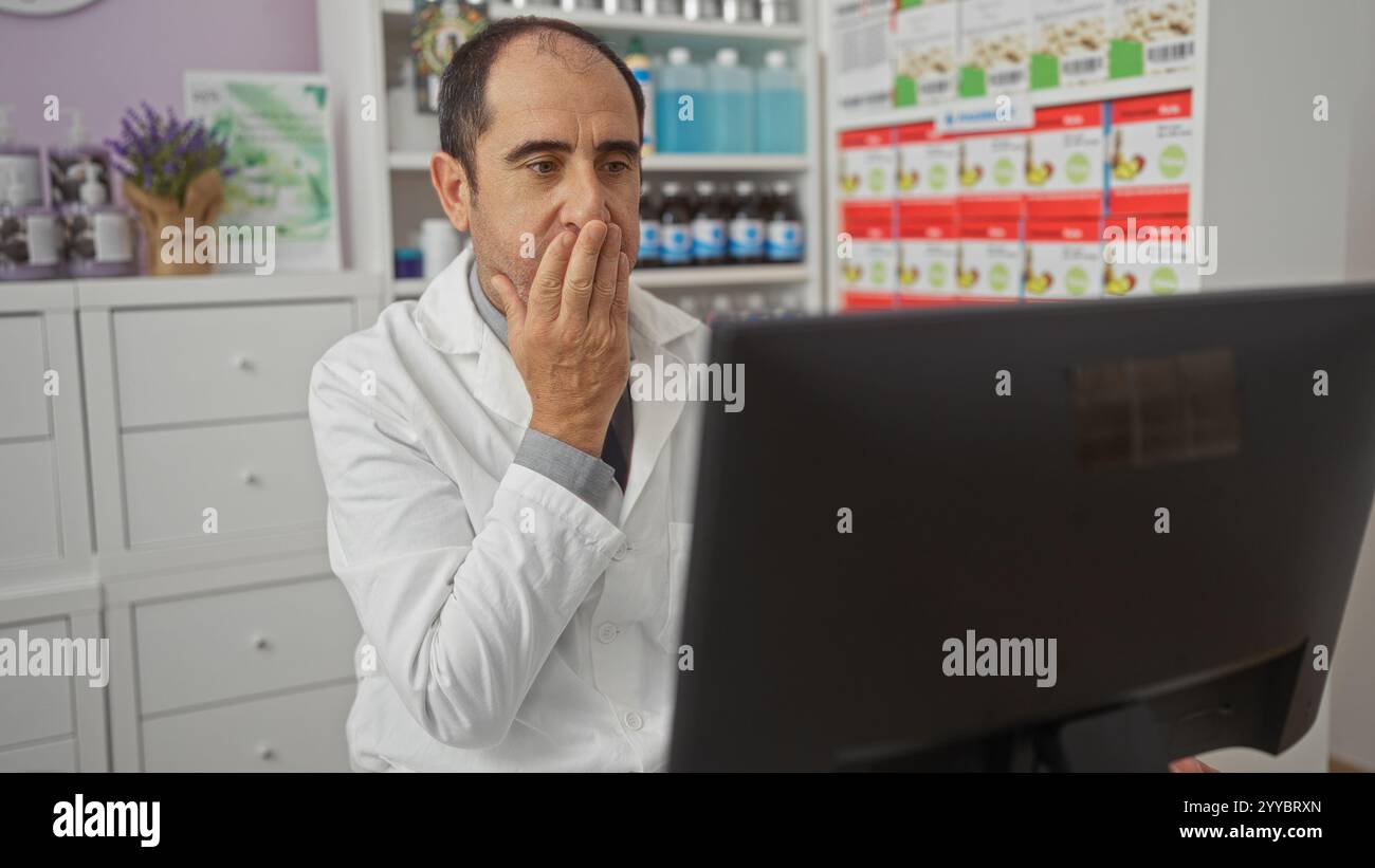 Hispanic man covering mouth with hand while looking at computer in ...