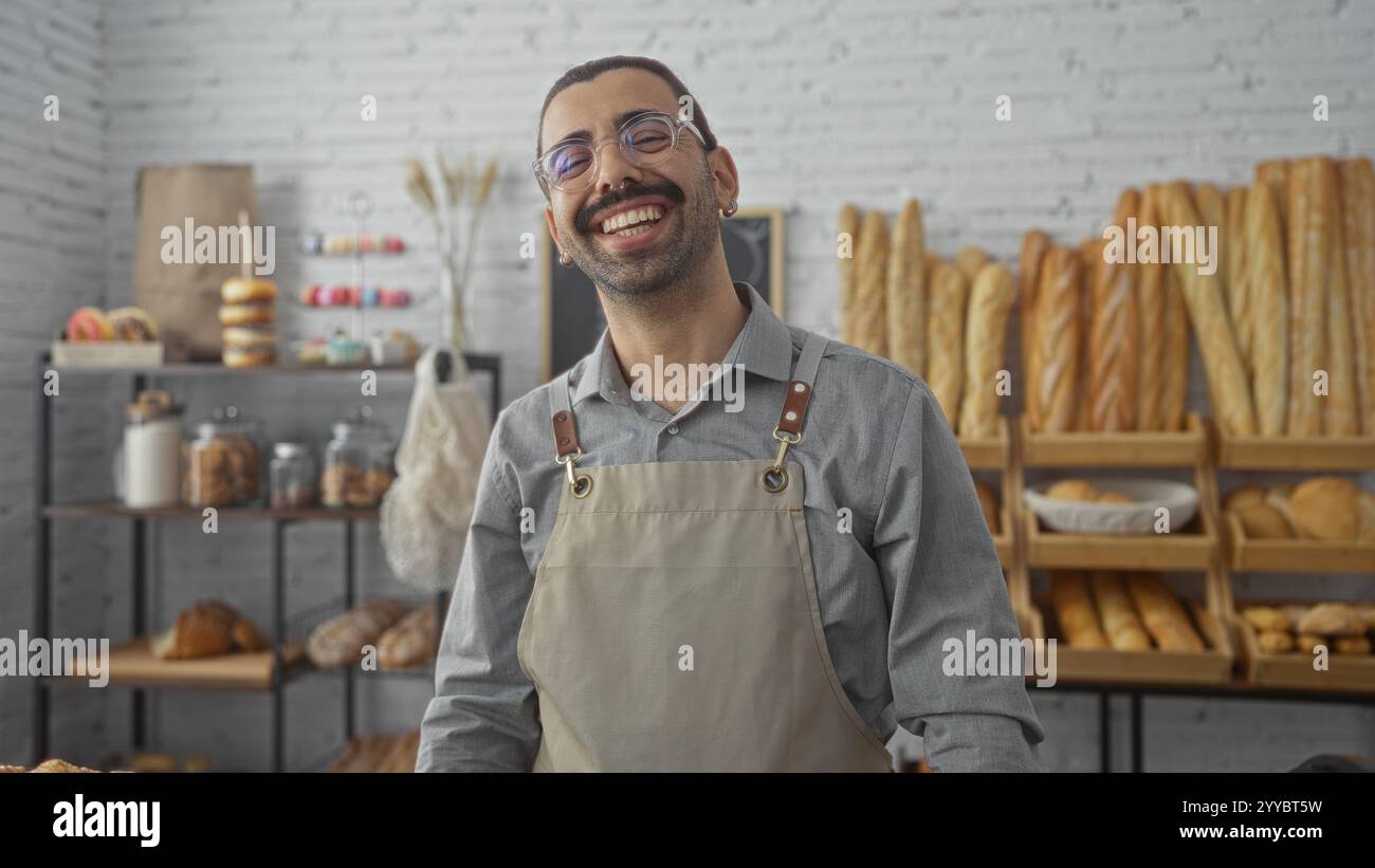 Young man with a moustache smiling in a bakery shop surrounded by ...