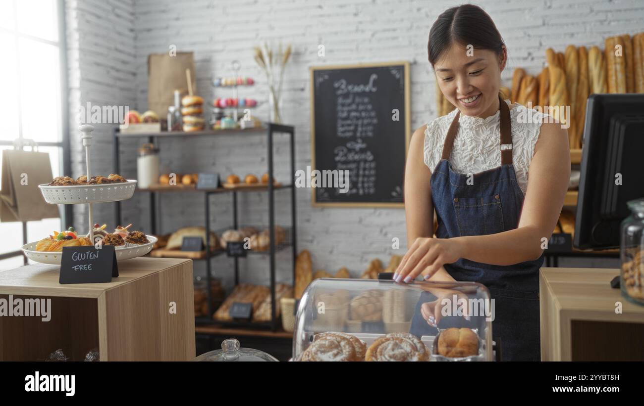 Young chinese woman working in a bakery shop arranging pastries behind the counter in an ...