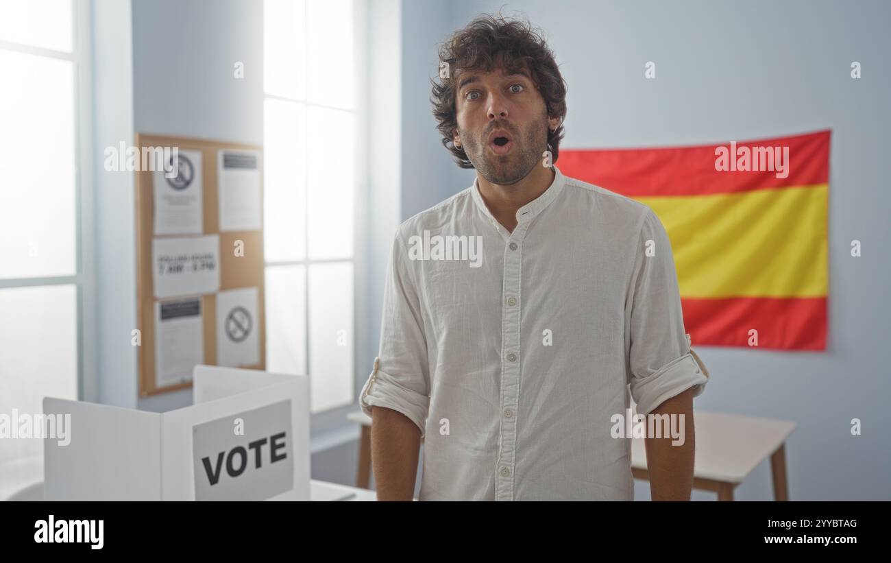 Young man standing in an electoral college room with a spanish flag in ...