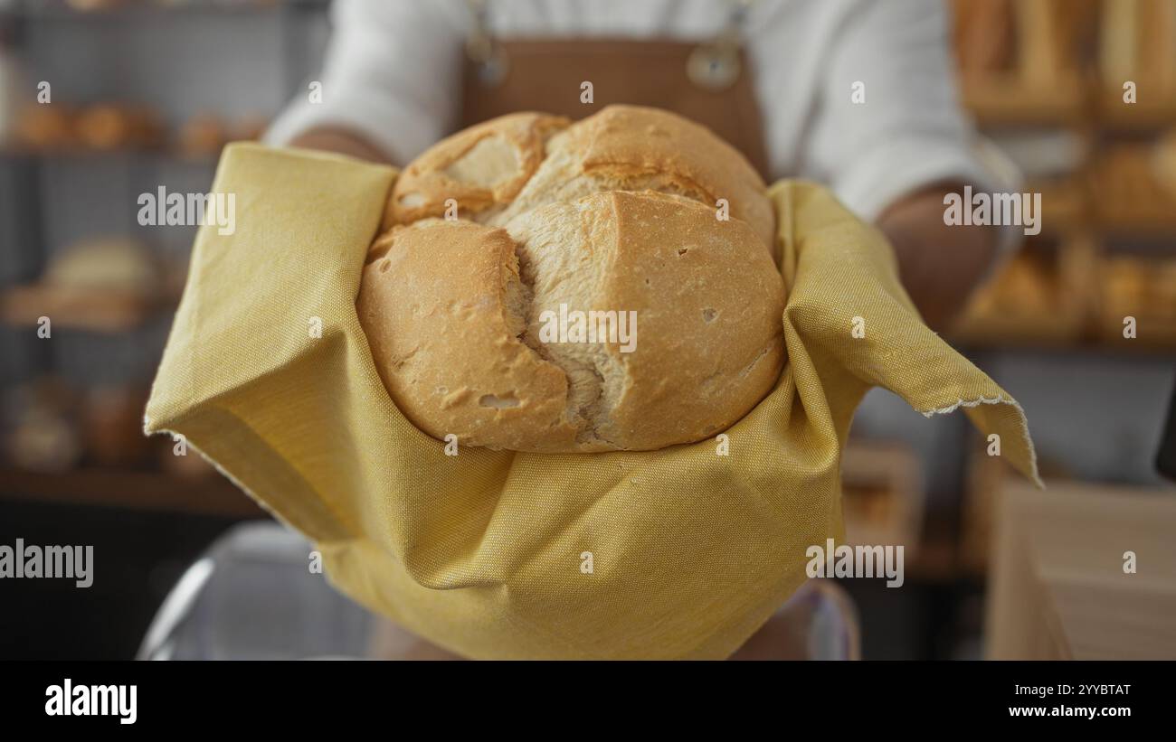 Young man holding freshly baked bread in a bakery shop interior with ...