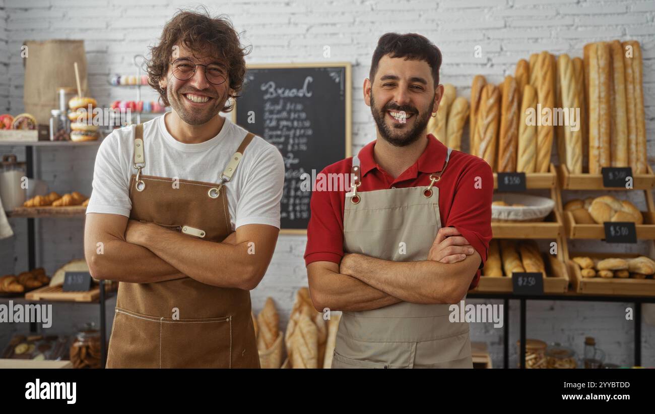 Two male bakers standing together inside a bakery, smiling confidently ...