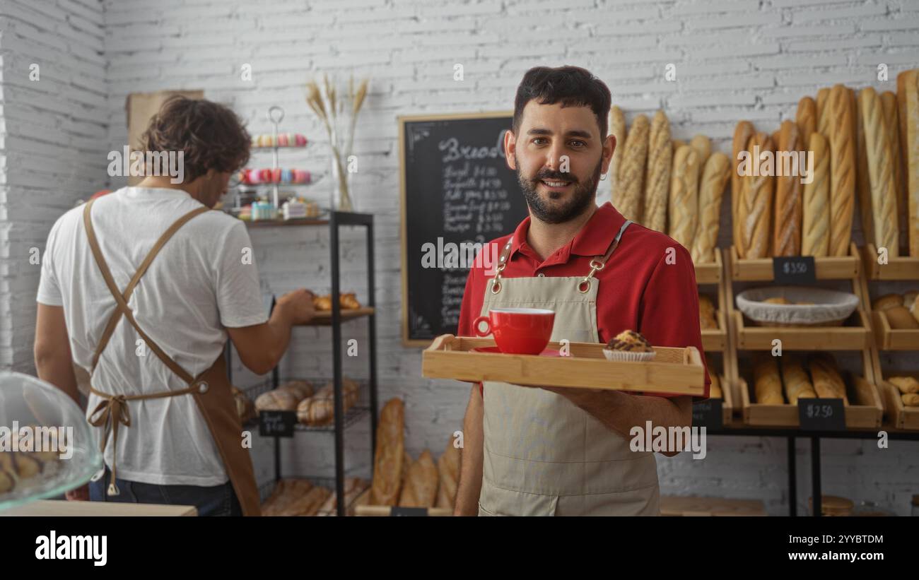 Two male bakers working in a bakery interior, one holding a tray with ...