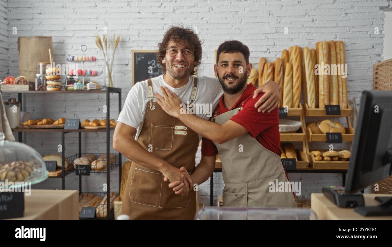Two smiling male bakers shake hands in the cozy interior of a bakery ...