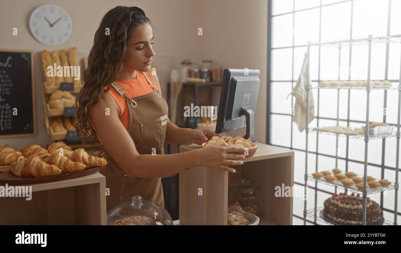 Young woman arranging pastries in a bakery shop with a digital register ...