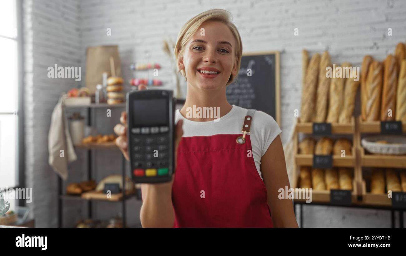 Woman wearing red apron smiling in bakery while holding a payment ...