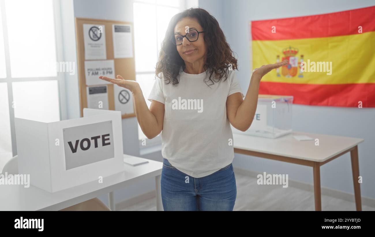 Woman voting at a polling station in spain with a spanish flag in the ...