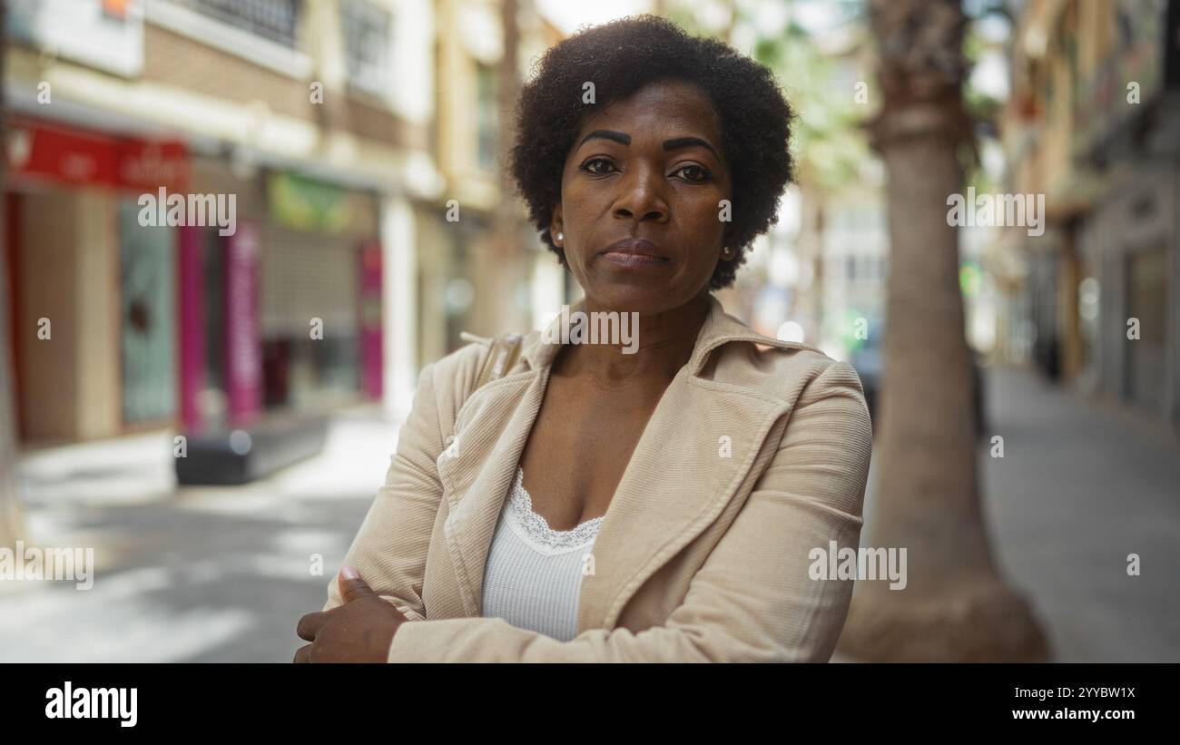 Beautiful woman with curly hair, an african american adult, standing in ...