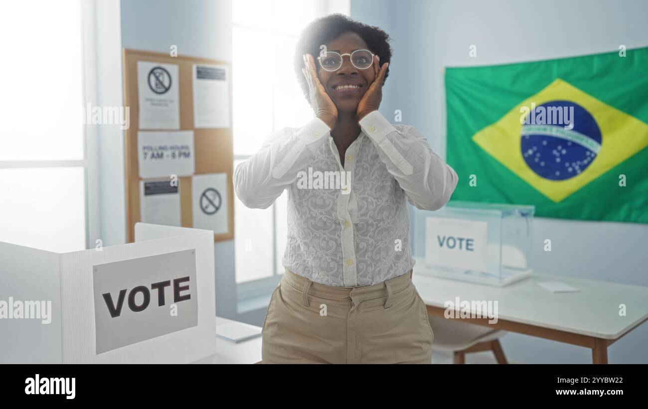 Woman voting in a brazilian electoral room with a national flag and ...
