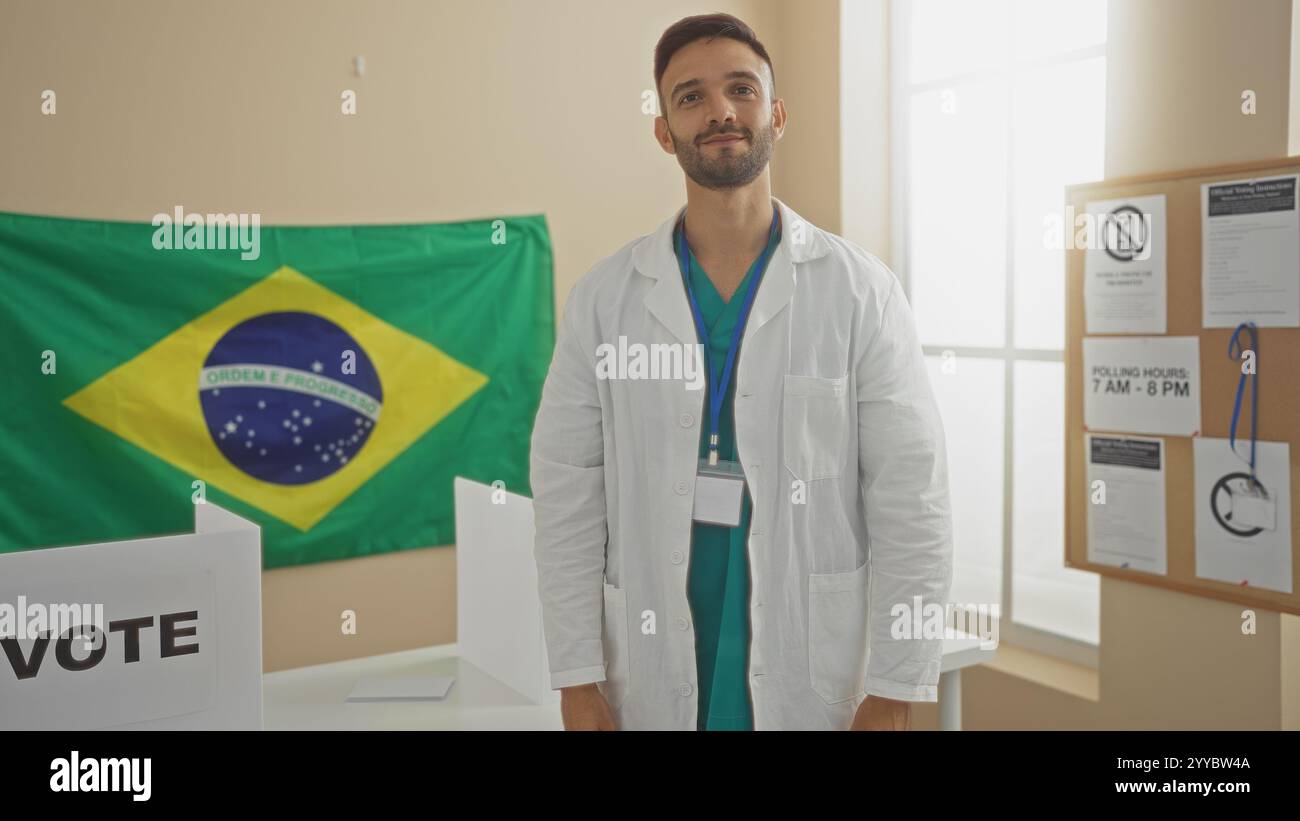 Handsome young hispanic man in an electoral room with brazilian flag ...