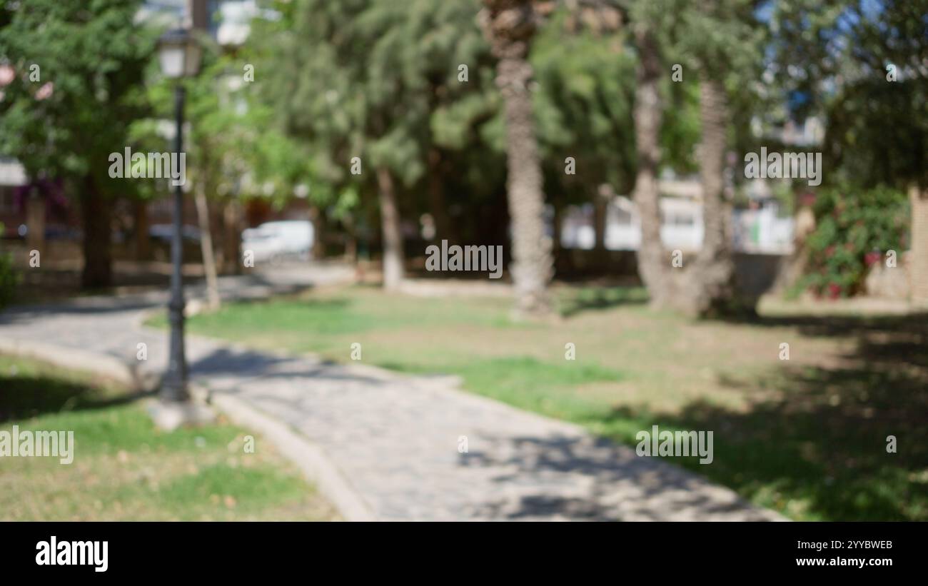 Blurred view of an outdoor park with defocused greenery, trees, and ...