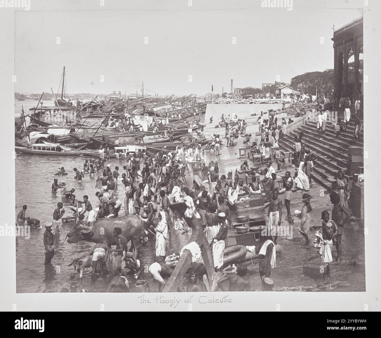 The Hooghly River at Calcutta / Kolkota. Large crowd bathing in the ...