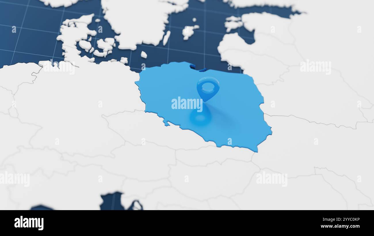 Blue Poland 3d map with pointer pin surrounded with other countries in ...