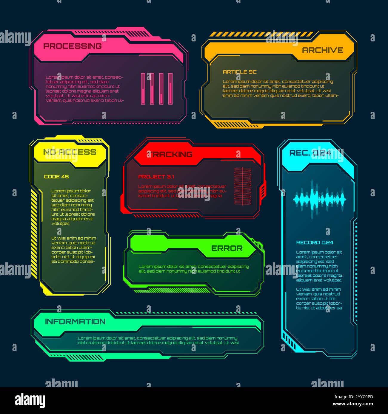Futuristic HUD or UI elements. Sci-fi user interface text boxes, callouts. Colorful warning ...