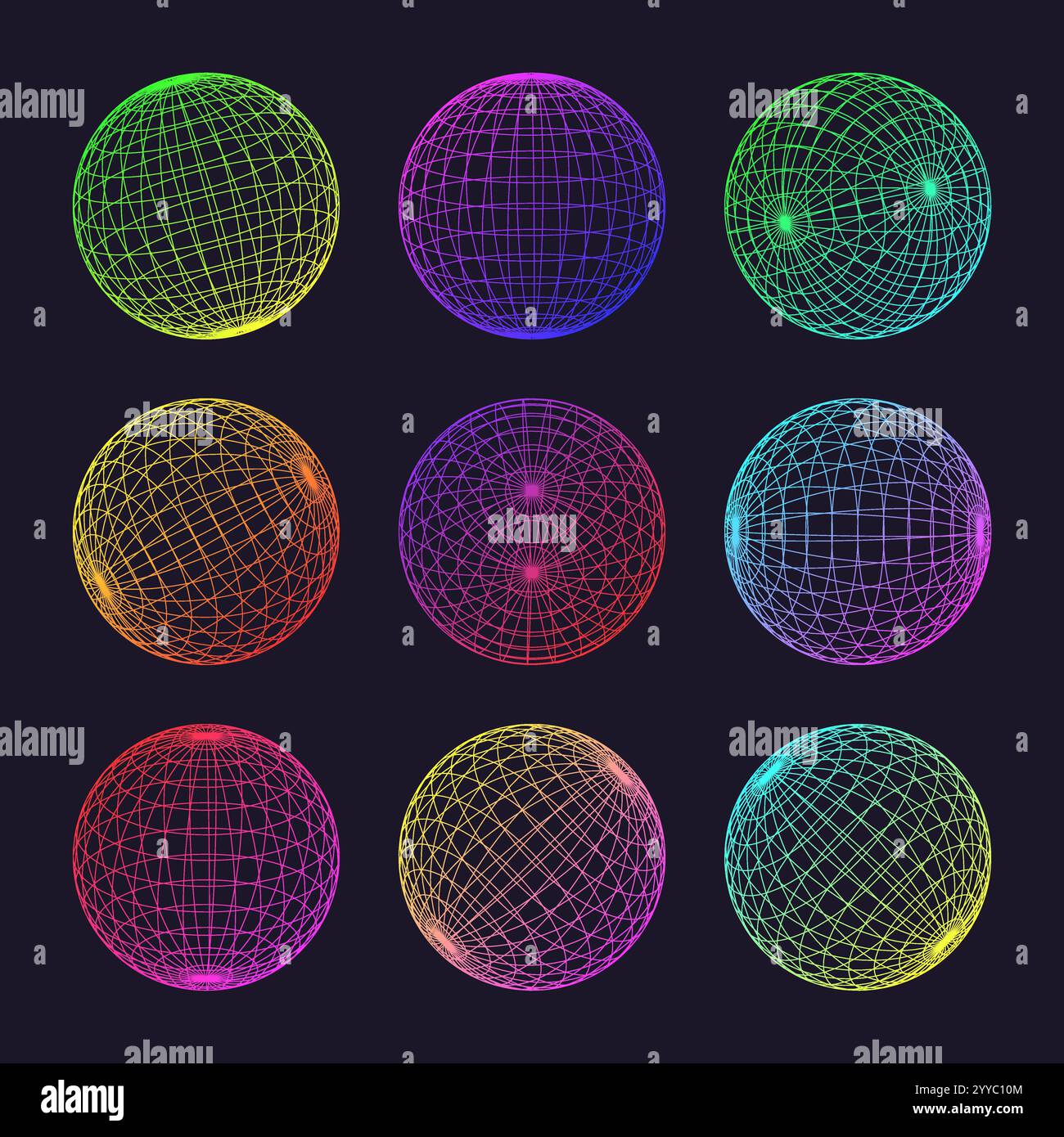 Neon wireframe shapes, lined sphere. Perspective mesh, 3d grid. Low ...