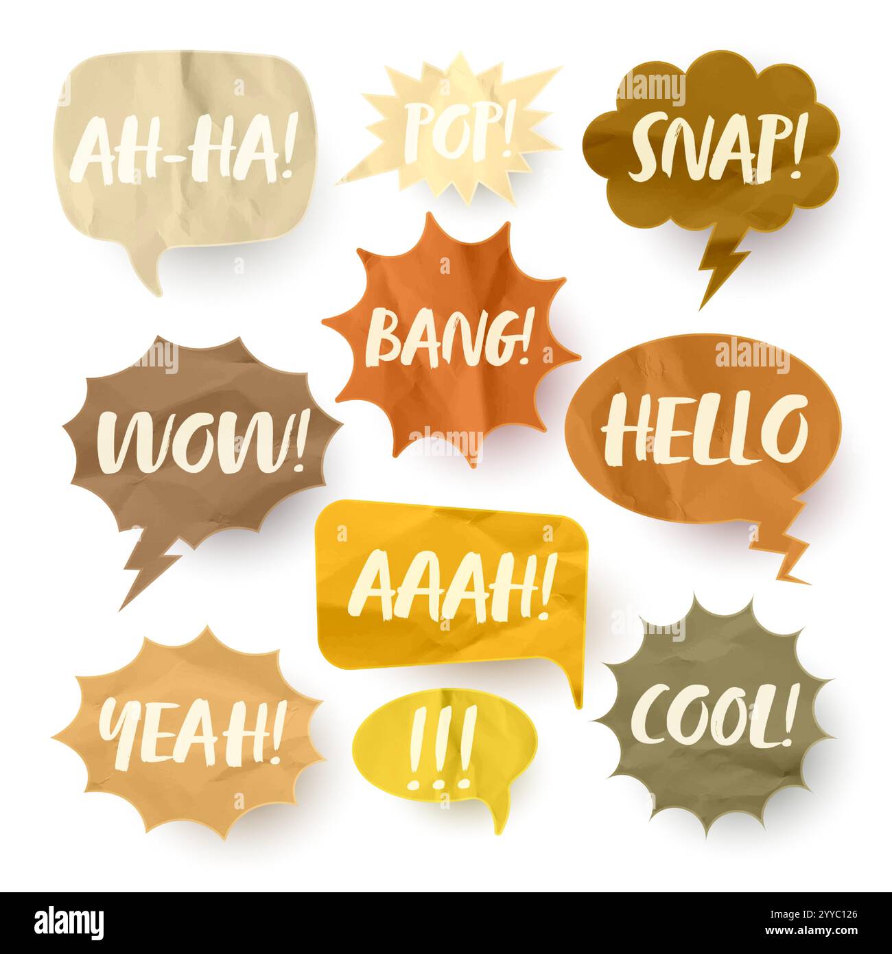 Crumpled brown paper comic speech bubbles. Hand drawn retro cartoon ...