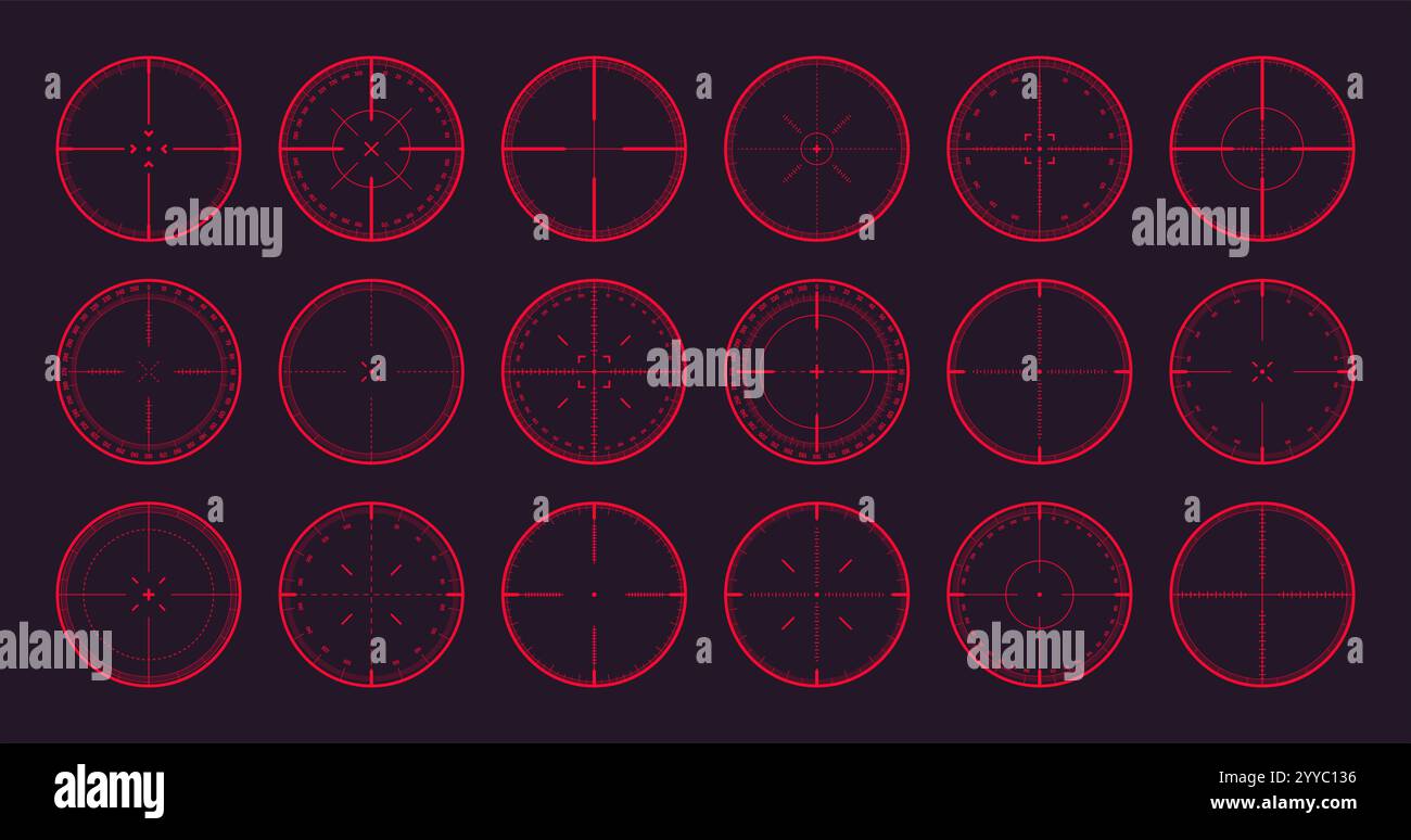 Various sniper rifle sights with degree scale, weapon optical scope ...
