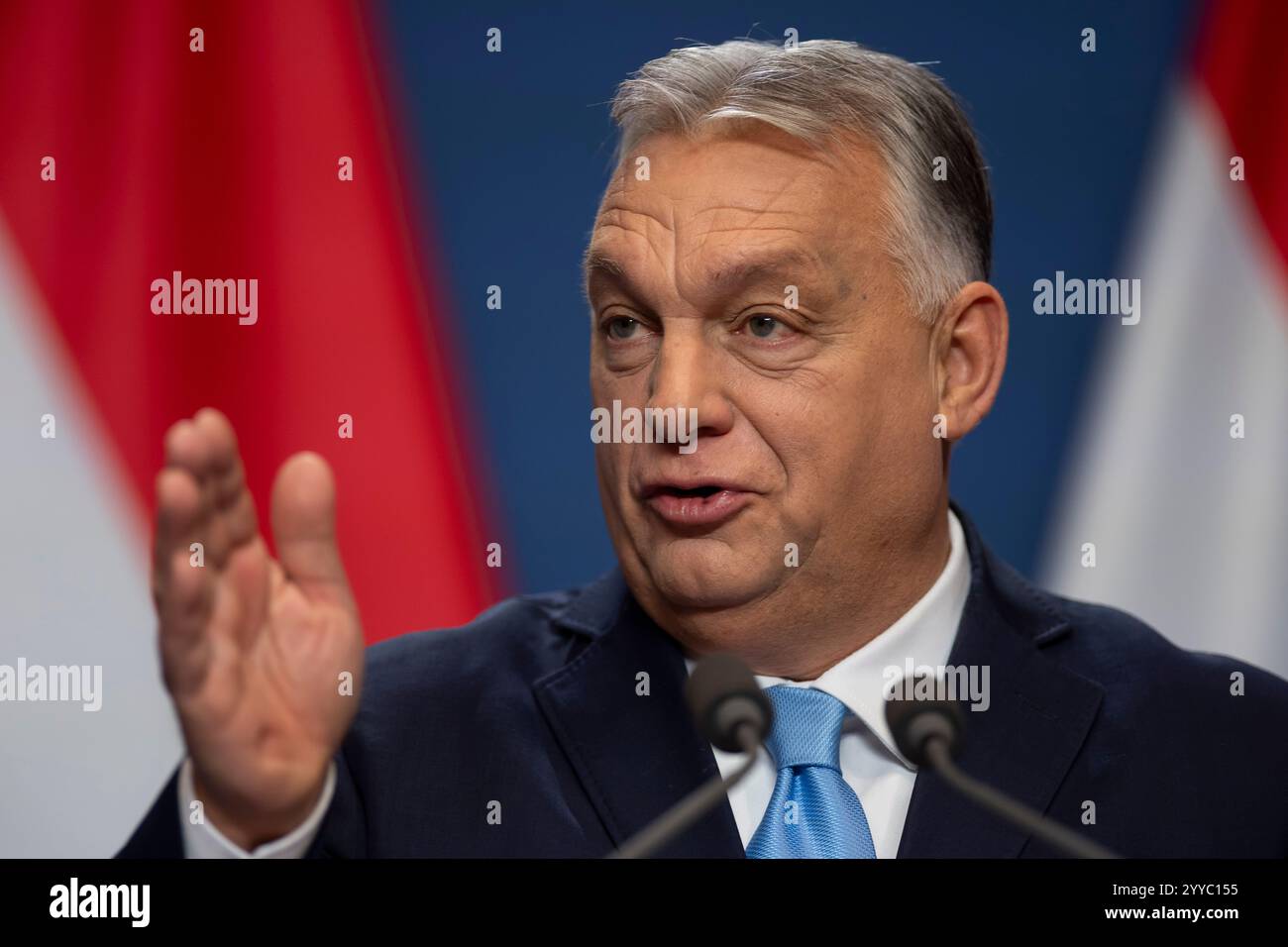 Hungarian Prime Minister Viktor Orban speaks during his annual international press conference in ...