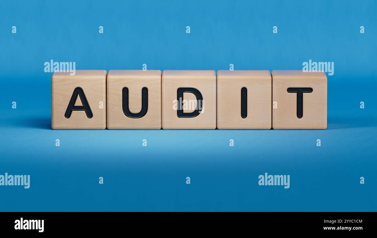 wooden cube block with AUDIT business word.close up of wooden elements ...