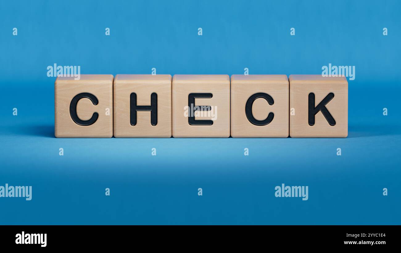 wooden cube block with CHECK business word. Mission, Vision and core ...