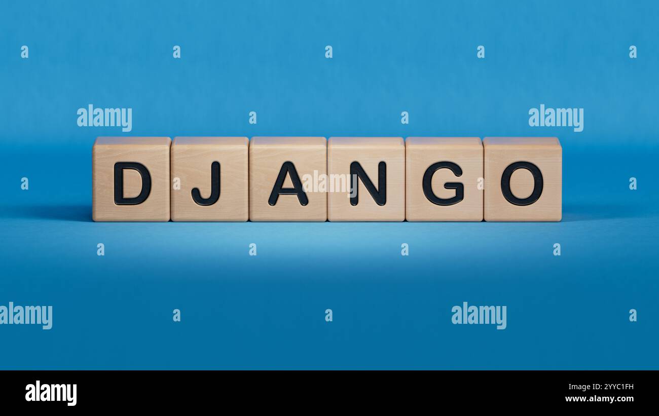 wooden cube block with DJANGO business word.close up of wooden elements ...