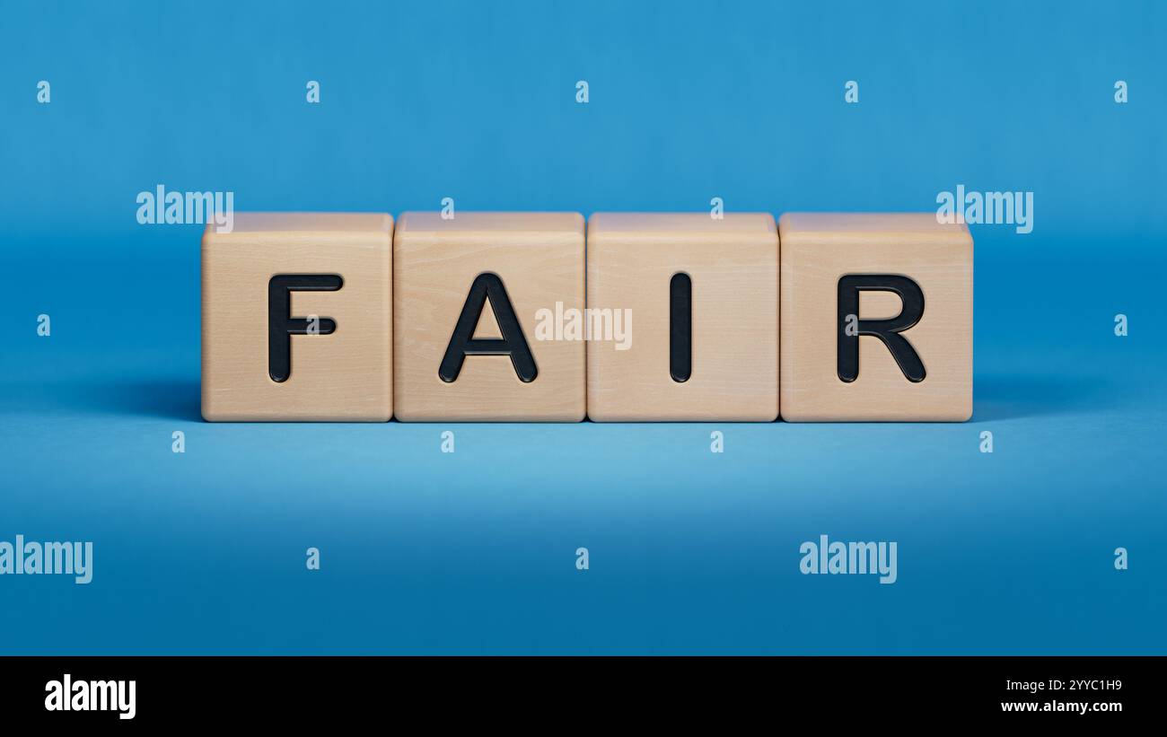 wooden cube block with FAIR business word. Mission, Vision and core ...