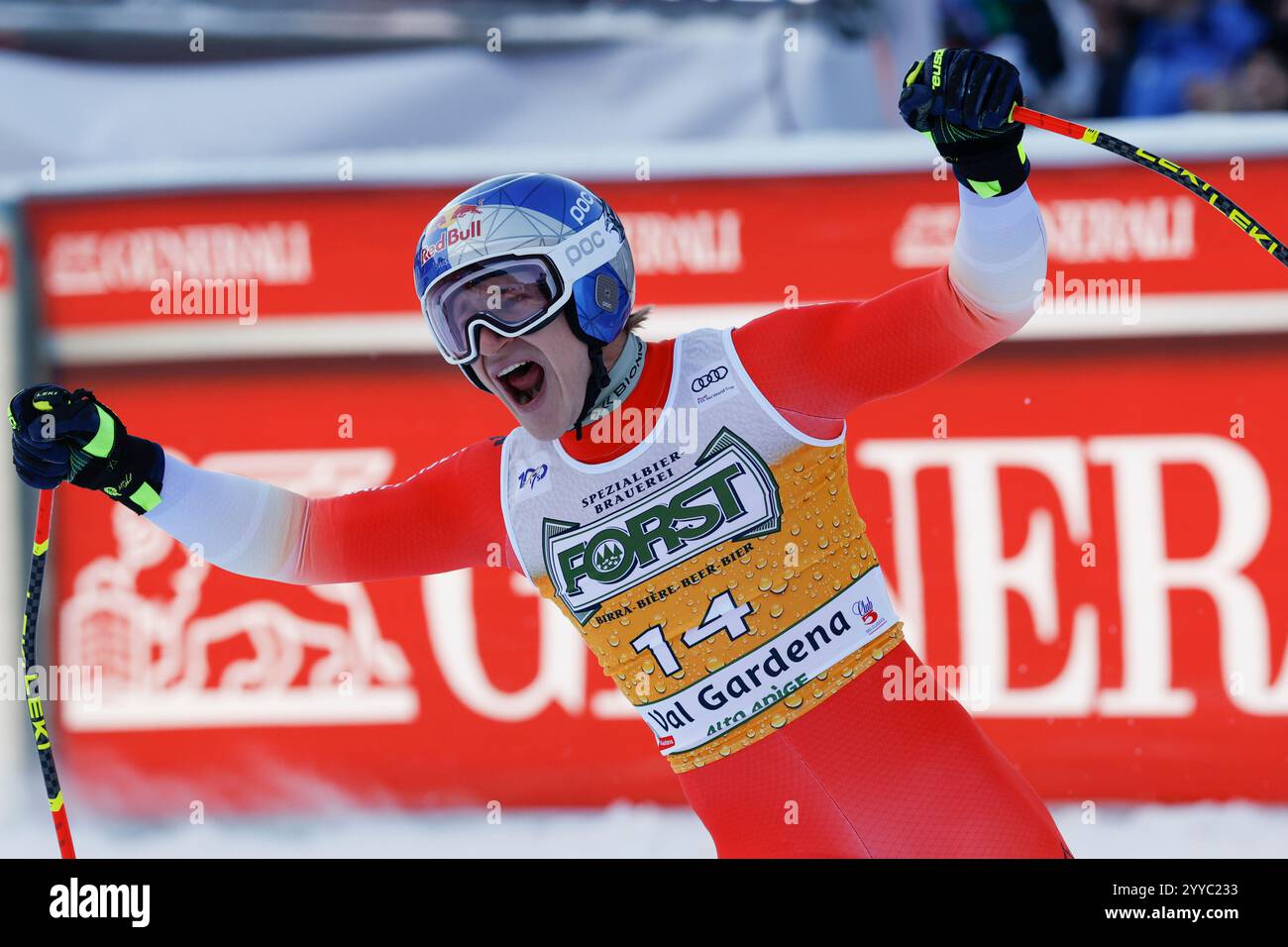 Switzerland's Marco Odermatt celebrates at the finish area of an alpine ...
