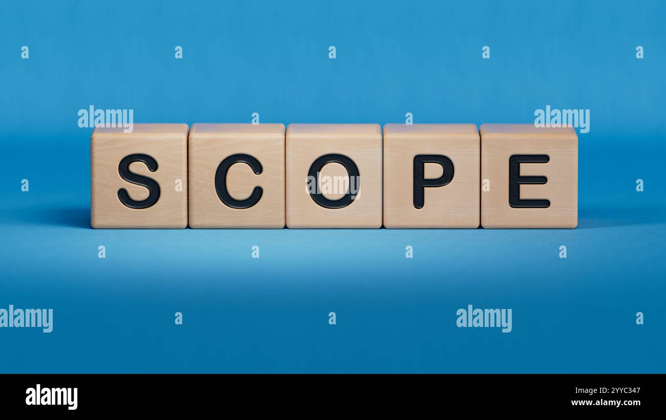 wooden cube block with SCOPE business word.close up of wooden elements,Business Concept.3D ...