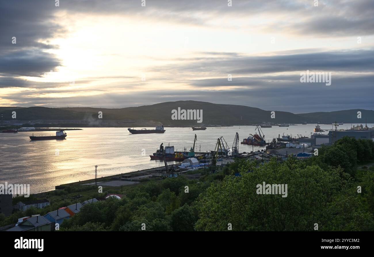 Kola Bay and Murmansk Commercial Sea Port on a summer polar night ...