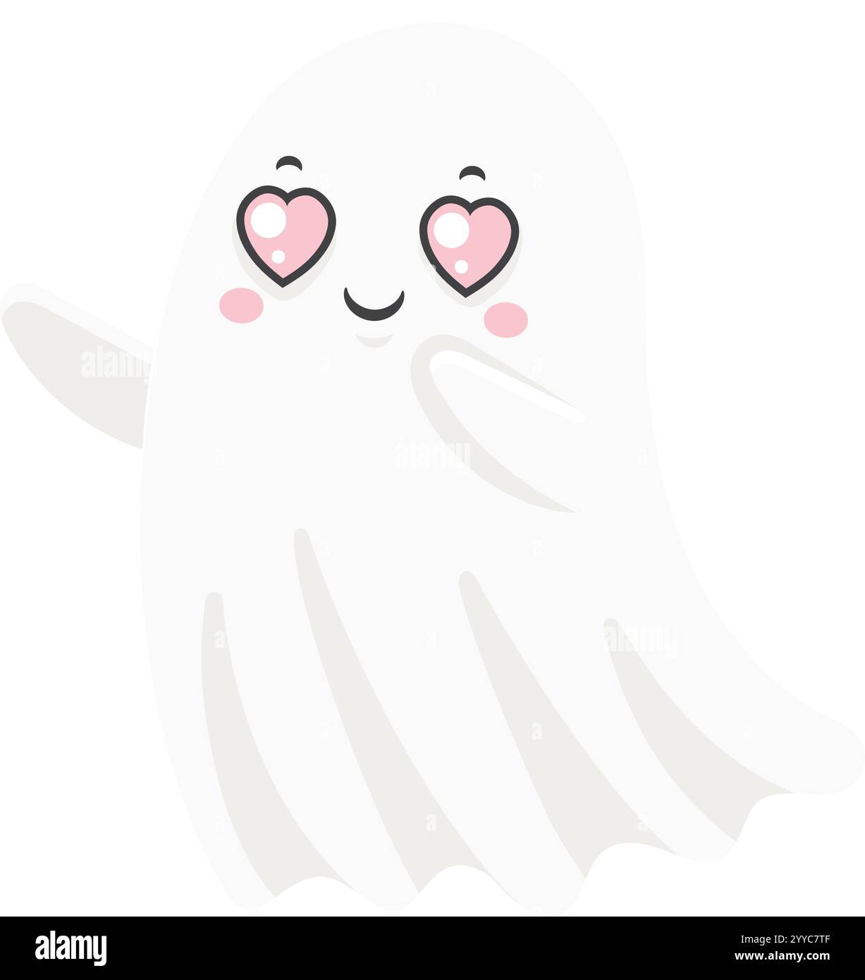 Charming cartoon ghost character waving and smiling with hearts in its ...