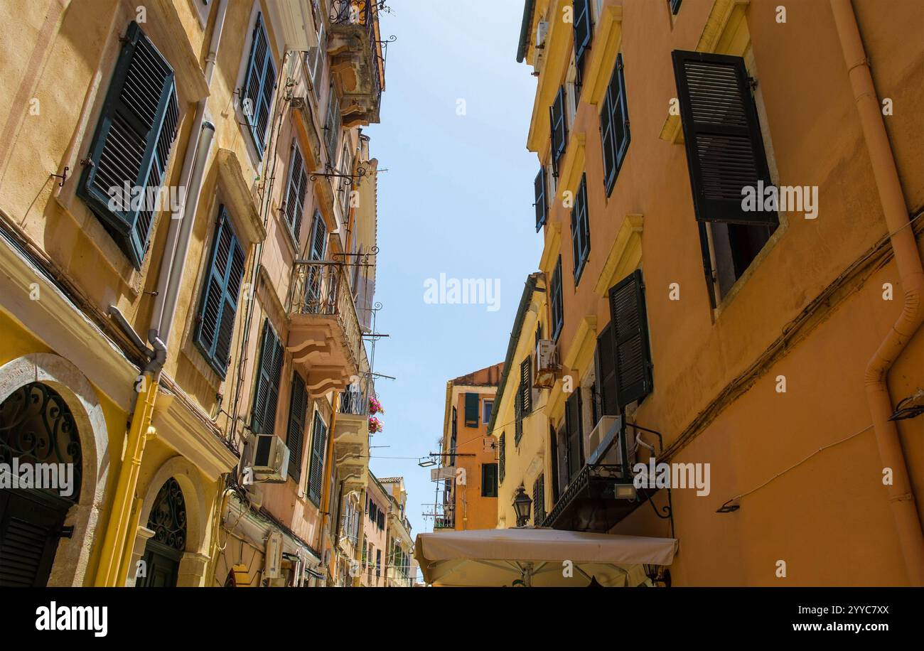 Residential buildings in the historic centre of Corfu Old Town, Greece ...