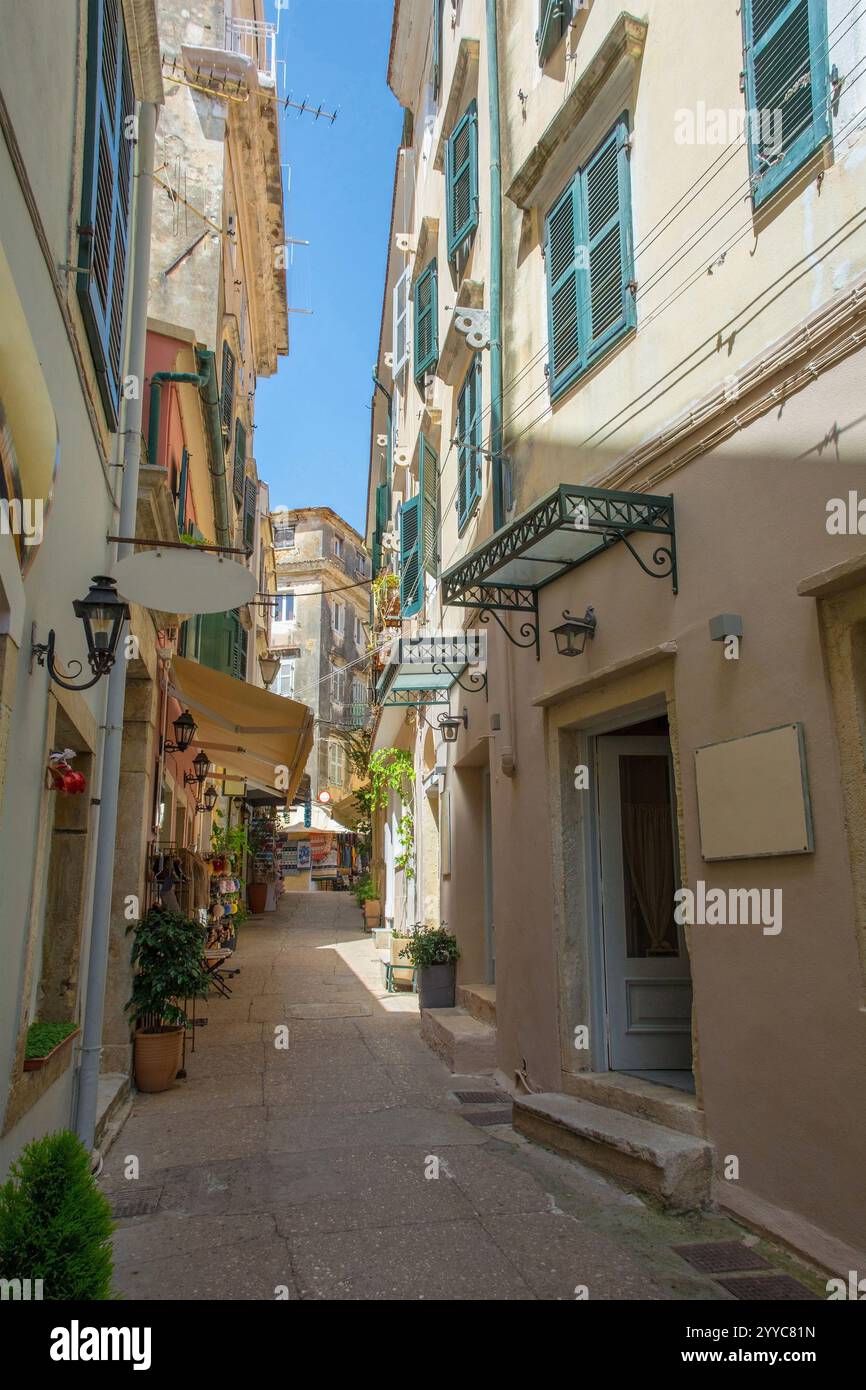 A quiet street in the historic centre of Corfu Old Town, Greece. A ...