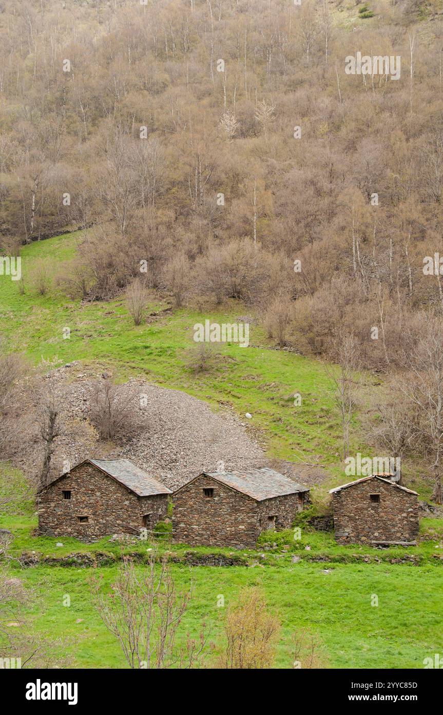 Tavascan river. Traditional Bordas and pasture areas. Pallars Sobira ...