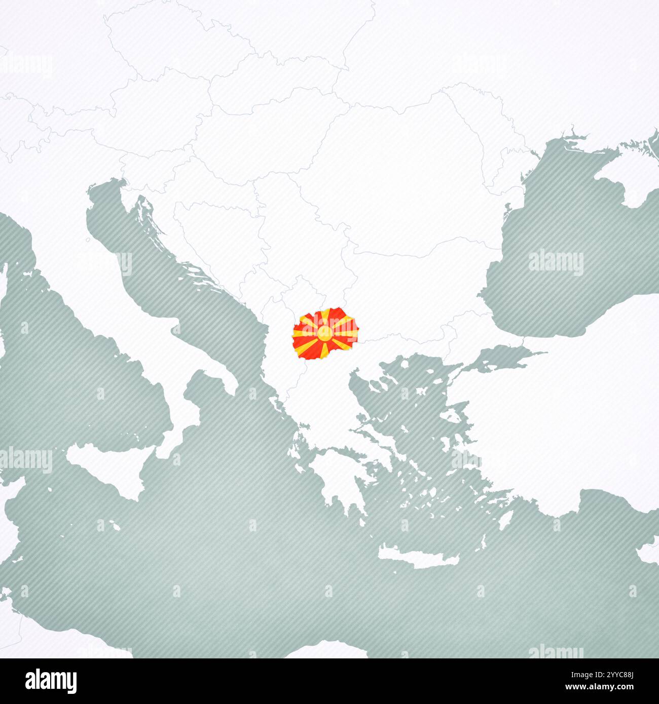 North Macedonia colored with the flag on the map of Balkans with softly ...