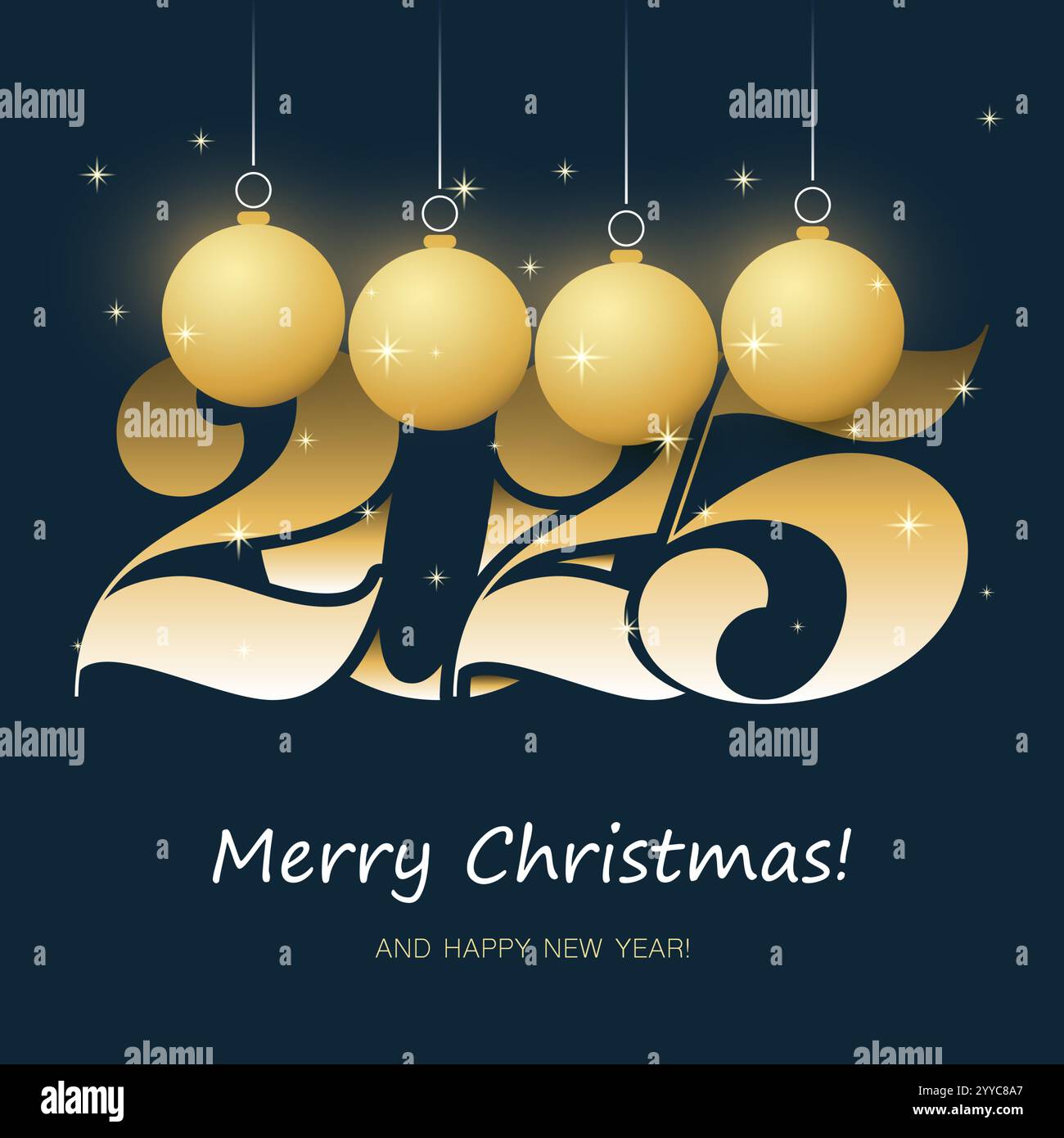 Golden Merry Christmas and Happy New Year Greeting Card with Christmas ...