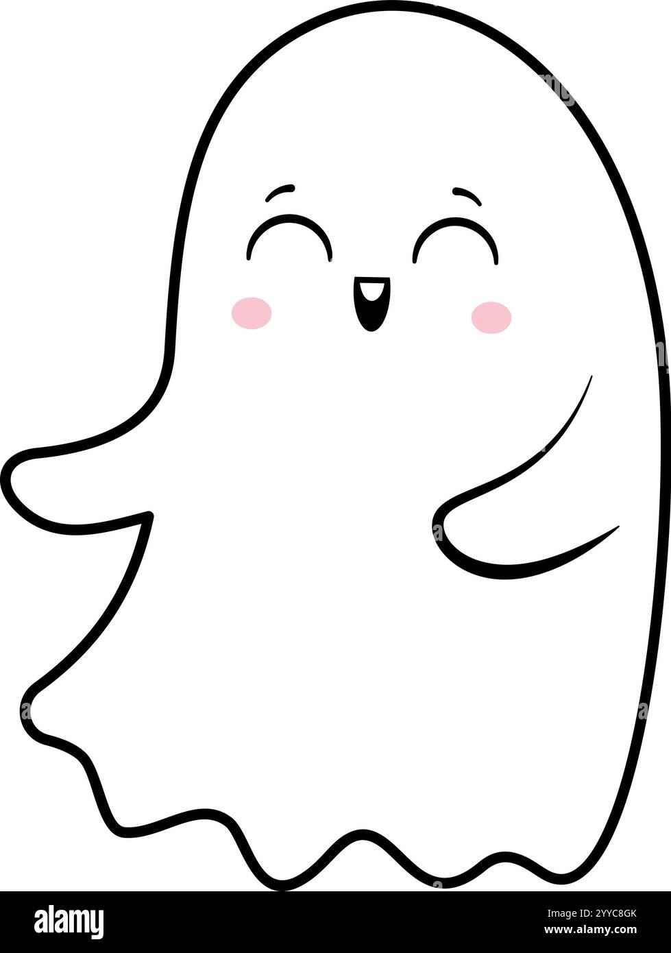 Cartoon friendly ghost smiling with closed eyes, floating with open ...